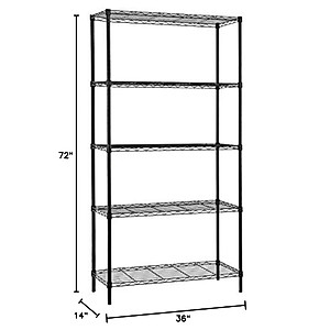 Black 5 Shelf Wire Shelving Unit, Garage NSF Metal Shelf Organizer Large Storage Shelves Heavy Duty Height Adjustable Utility Commercial Grade Steel Layer Shelf Rack (1250 LBS Capacity) - 72x36x14