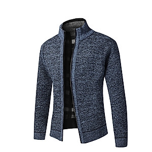 Men Classic Full Zip Knitted Cardigan Casual Stand Collar Fleece Lined Sweaters Slim Fit Winter Warm Thick Sweater (Blue,X-Large)