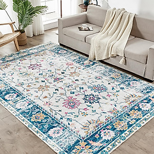 INGEROOM Washable Area Rug, 8x10 Large Area Rug for Living Room, Soft Area Rug for Bedroom, Vintage Design, Stain Resistant Rugs, TPR Anti-Slip Backing, Non Shedding, Floral Area Rug