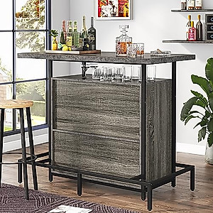 Tribesigns Home Bar Unit, Industrial 3-Tier Liquor Bar Table with Glasses Holder and Wine Storage, Wine Bar Cabinet Set Mini Bar with Footrest for Den Home Pub (Gray)