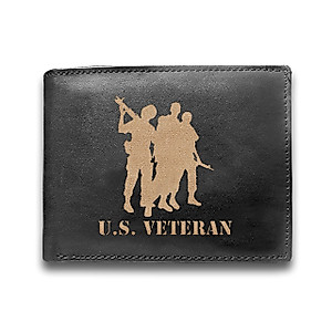 U.S.Veteran Genuine Cowhide Leather Laser Engraved Engraving Slimfold Mens Large Capacity Luxury Wallet Purse Minimalist Sleek and Slim Black Card Holder Organizer 14 Pockets