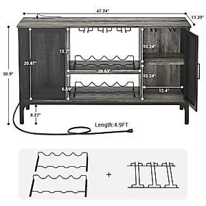 Homieasy Wine Bar Cabinet with Led Lights and Power Outlets, Industrial Coffee Bar Cabinet for Liquor and Glasses, Farmhouse Bar Cabinet with Removable Wine Racks, Black Oak
