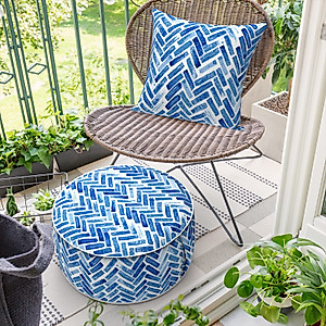 DYTXIII Inflatable Ottoman Stool D21 xH9 for Outdoor/Indoor Use, Water Repellent Patio Foot Rest Stool with Portable Handle,Round Pouf Ottoman Suitable for Garden,Deck and Camping - Blue Bricks