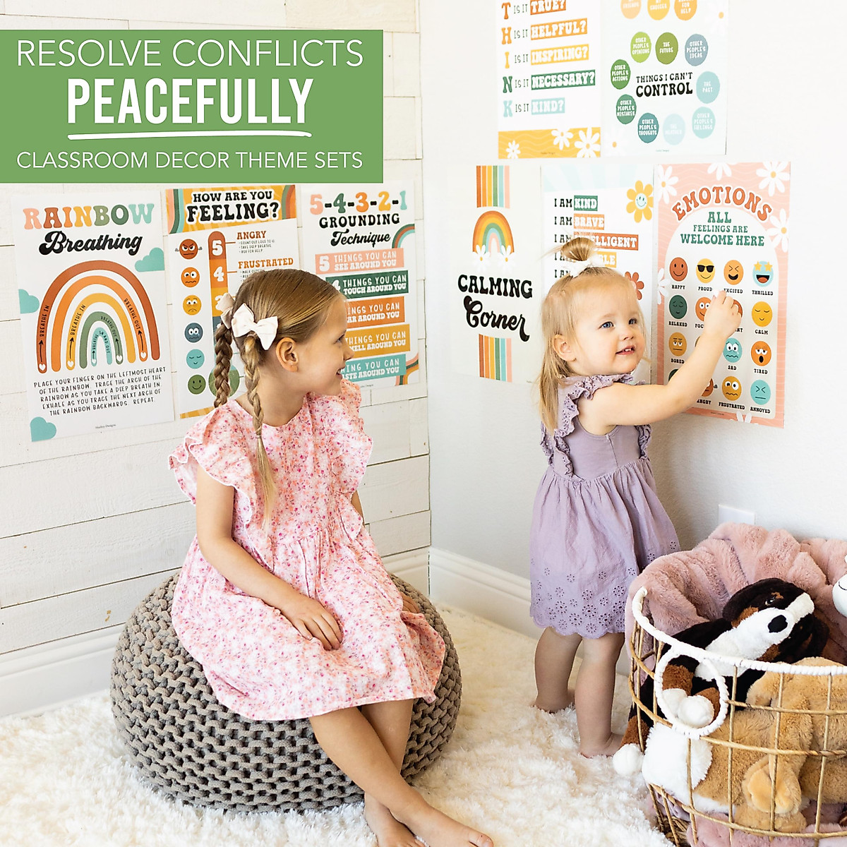 8 Calming Corner Posters For Classroom Must Haves For Teachers - 11x17" Calm Down Corner Supplies, Feelings Chart For Kids Ages 4-8, Toddler Emotions Chart, Retro Classroom Decor