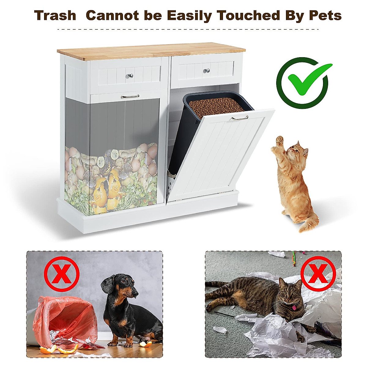 GTQuality Double Tilt Out Trash Cabinet, Dual Kitchen Trash Bin Cabinet with Hideaway Drawer, Wooden Free Standing Recycling Cabinet Garbage Can Holder Pet Proof(White)