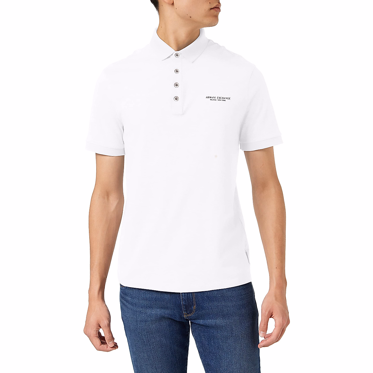 A|X ARMANI EXCHANGE mens Short Sleeve Milano/New York Logo Jersey Polo Shirt, White, Medium US