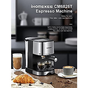 Ihomekee Espresso Machine 15 Bar Pump Pressure, Espresso and Cappuccino Coffee Maker with Milk Frother/Steam Wand for Latte, Mocha, Cappuccino, Silver - CM6826T