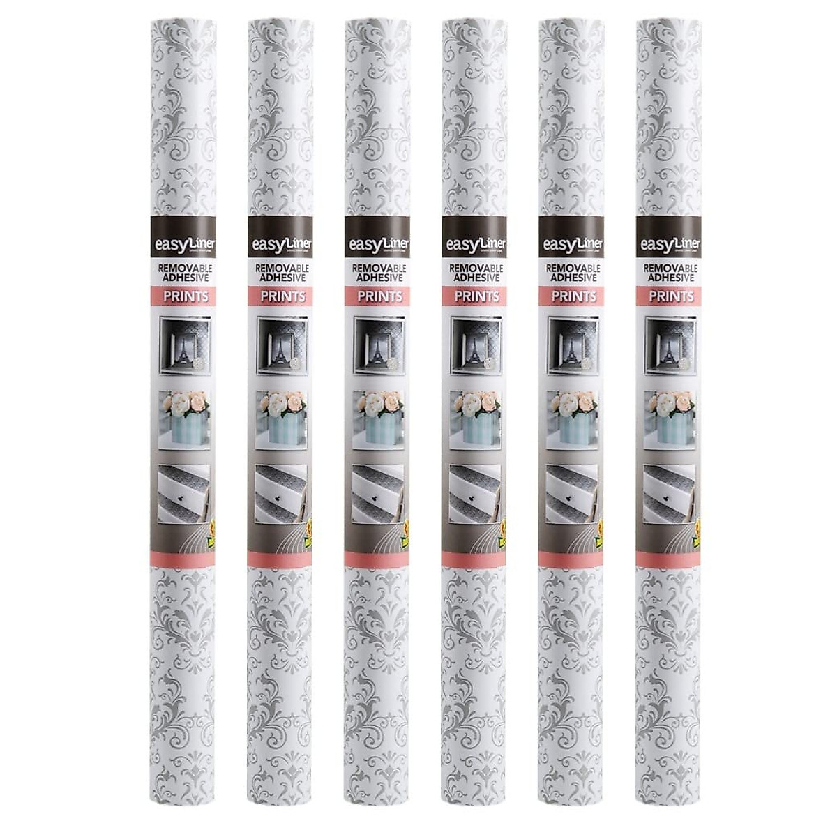 Duck 286448 EasyLiner Adhesive Laminate Prints Shelf Liner, Gray Damask, 20 in. x 15 ft., 6 Rolls