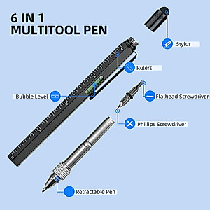Multitool Pen Cool Gadgets Tools, Gifts for Men Dad Him Birthday Father's Day, Tactical Pen with Stylus, Level, Rulers, Screwdrivers, Boyfriend Husband Carpenter Gift Accessories(Black)