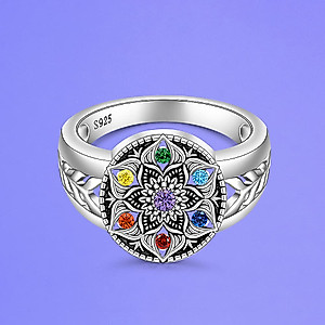 Chakra Ring Mandala Lotus Rings for Women Sterling Silver Yoga Lotus Flower Healing Crystal 7 Chakras Protection Balance Jewelry Gifts Size 7
