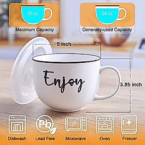 DAYYET Soup Mugs with Handle and Vented Lid, 26 oz Jumbo Coffee Mugs, Ceramic Mugs for Cereal, Noodles, Ramen, Pasta and Salad, Dishwasher and Microwave Safe, Set of 2, White