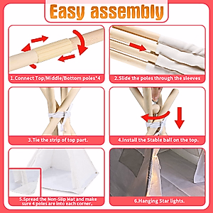 Kids Teepee Tent with Padded Mat & Light String, Washable Foldable Play Tent, Natural Cotton Canvas Teepee Indoor Outdoor Playhouse for Toddler, for 3 4 5 6 7 8 9 10 Boys and Girls