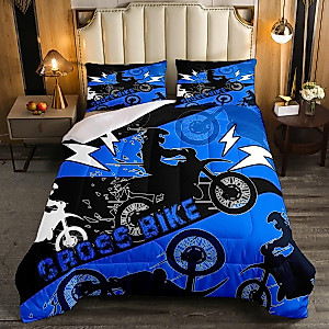Erosebridal Boys Dirt Bike Bedding Sets Twin Motocross Comforter Set Dirtbike Room Decor for Boys Kids Girls Adult,Rider Motorcycle Bed Set Cool Extreme Sports Comforter Sets 2Pcs,Blue Black