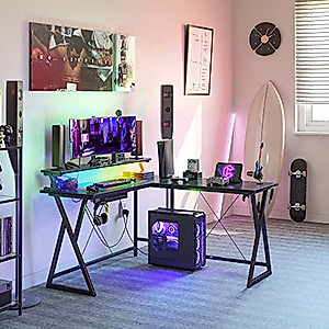 CubiCubi 51 Inch Gaming Corner Desk with LED Strip and Large Monitor Stand, Ergonomic Gaming Table, Gamer Desk, L Shape, PC Corner Table, Computer Desk with Hook for Headphone