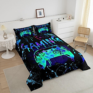 Erosebridal Twin Gamer Bedding Sets for Boys Gaming Comforter Sets for Boys Girls Teens Video Gamer Room Decor,Gamepad Controller Gamer Comforter Set Black Teal Blue Tie Dye Bed Set 2Pcs