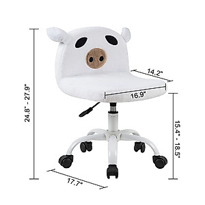 LEEJAY Cute Fuzzy Desk Chair for Teen Girls - Fancy Girl Computer Chair with White Metal Base - Ergonomic Adjustable Armless Swivel Rolling Children Vanity Chair, White Sleepy Piggy
