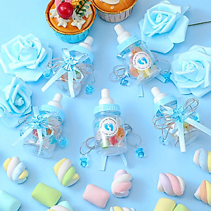 Vesici 61 Pcs Boy Baby Shower Party Favors Set, 48 Plastic Mini Angel Baby Bottles with 1 Roll Thanks Sticker 12 Artificial Roses for Newborn Baptism Baby Shower Party Decorations Gift for Guests