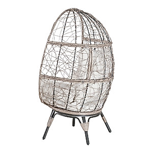 Patio Tree Outdoor Wicker Egg Lounge Chair, Patio Steel Rattan Lounge Chair with 4 Removable Cushions, Beige