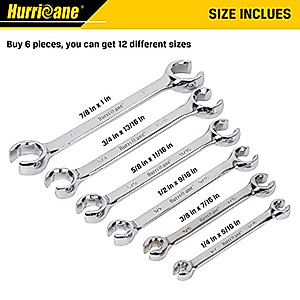 HURRICANE 6 Pc SAE Flare Nut Wrench Set, Brake Line Wrench Set, Size from 1/4" to 1", 6 Point, 15° Offset End, Ideal for Repair and Remove Nuts on Fuel, Tube, Hose, Transmission Lines in Tight Spaces