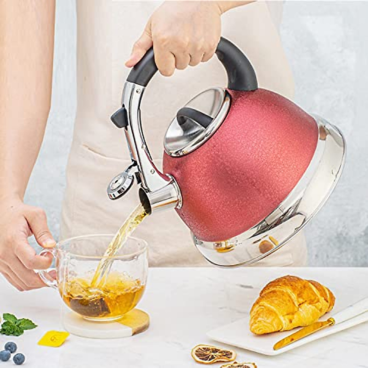 Tea Kettle Stovetop Whistling Teapot Stainless Steel Stovetop Whistling Kettle Enlarge Spout Hot Teakettle Teapot Anti-Scalding Nylon Handle Teapot 3.5L Whistle Kettle Stove Top Kettle (Color : Red)