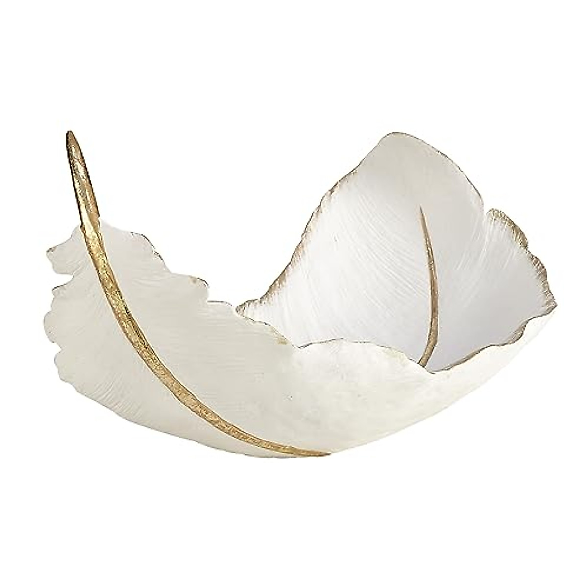 CosmoLiving by Cosmopolitan Polystone Bird Curved Feather Decorative Bowl with Distressed Gold Accents, 13" x 8" x 8", White, SMALL SIZE