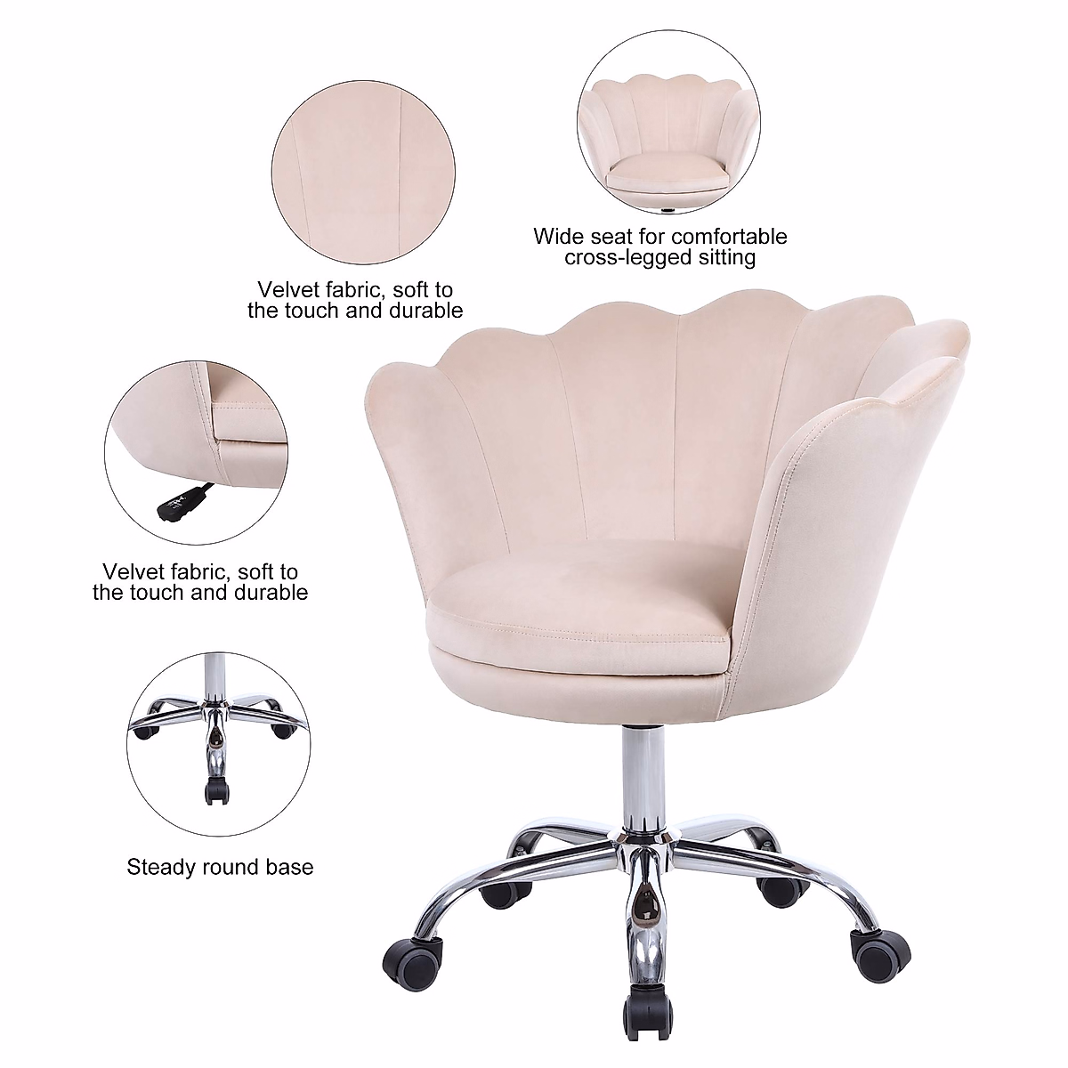 HOMEFUN Vanity Chair, Shell Chair with Wheels Cute Modern Desk Chair for Women Makeup Swivel Adjustable Roliing Chair for Bedroom, Beige