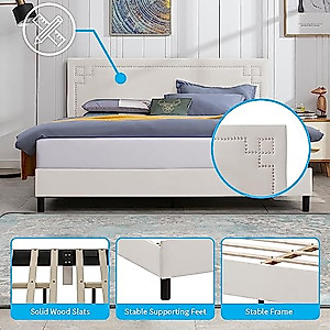 Mjkone Cal-King Bed Frame| Platform Bed Frame Upholstered Velvet Backrest | Adjustable Tufting Headboard Bed Frame with Solid Wood Slats Support Easy Assembly-Beige