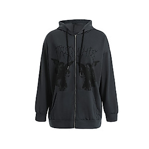 Yuemengxuan Women Man Goth Hoodie Sweatshirts Y2k Aesthetic Zip Up Jacket 90s Long Sleeve Graphic Coat Couple Top Streetwear (Black, M)