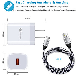 Type C Charger Fast Charging Block Cable 3FT for Samsung Galaxy S23 S22 S21 Ultra S20 A53 A13 A02S A12 A32 A20 S10,LG Stylo 6 5 K51 V60 ThinQ,Moto G Stylus/G Power/G Play,Quick Charge 3.0 Wall Charger