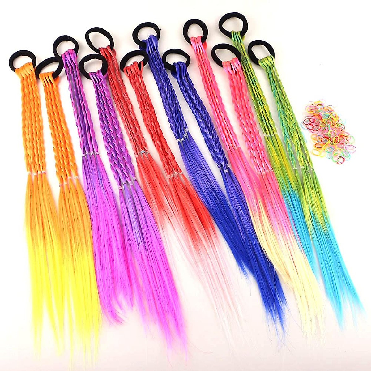 Colored Braids Hair Extensions with Rubber Bands Rainbow Braided Synthetic Hairpieces Ponytail Hair Accessories for Women Kids Girls Party Highlights Cosplay Dress Up (12PCS A Style)