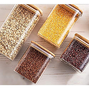 Yesland 5 Sizes Square Borosilicate Glass Canister with Sealed Bamboo Lids, Large Air Tight Glass Storage Canister and Stackable Clear Glass Jar Set for Candy, Cookie, Rice, Sugar, Flour, Pasta, Nuts