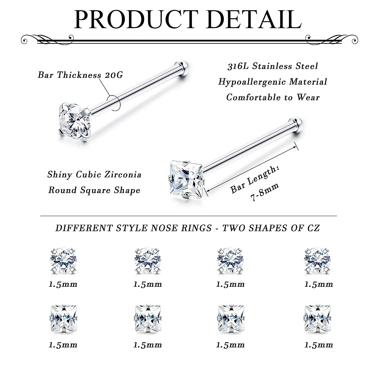 VALDEAS 20G Nose Ring Studs CZ 316L Stainless Steel for Women 8 Pcs Bone Rings Set Austrian Cubic Zirconia Piercing Jewelry Round Square Shapes Stud 1.5MM