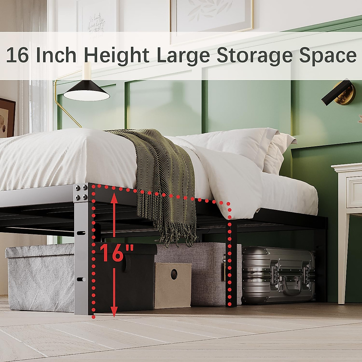 AGXI Full Size Bed Frame, Metal Bed Frame 16 Inch Tall Bed Frame No Box Spring Needed, Heavy Duty Platform Full Bed Frame with Storage Space, Sturdy Bed Frame Full Non-Slip Noiseless
