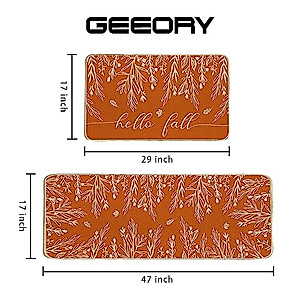 GEEORY Fall Kitchen Mats, Set of 2 Leaves Hello Fall Floor Mat Farmhouse Seasonal Holiday Party Decorative Home 17x29 and 17x47 Inch (Orange) GK066