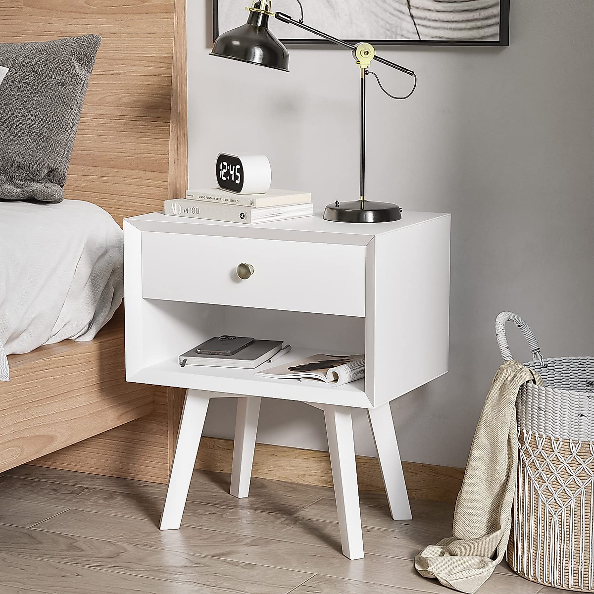 Algherohein 24" H White Nightstand with 1 Drawer, Wood Night Stand for Bedroom, Bedside Table with Open Shelf, 2-Tier Small End Table
