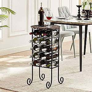 VECELO Metal Wine Rack Console Table, Freestanding Floor Bottles Organizer & Display Shelf with Faux Marble Finish Top, for Bar Kitchen Dining Living Room, Small Spaces, Holds 15, Black