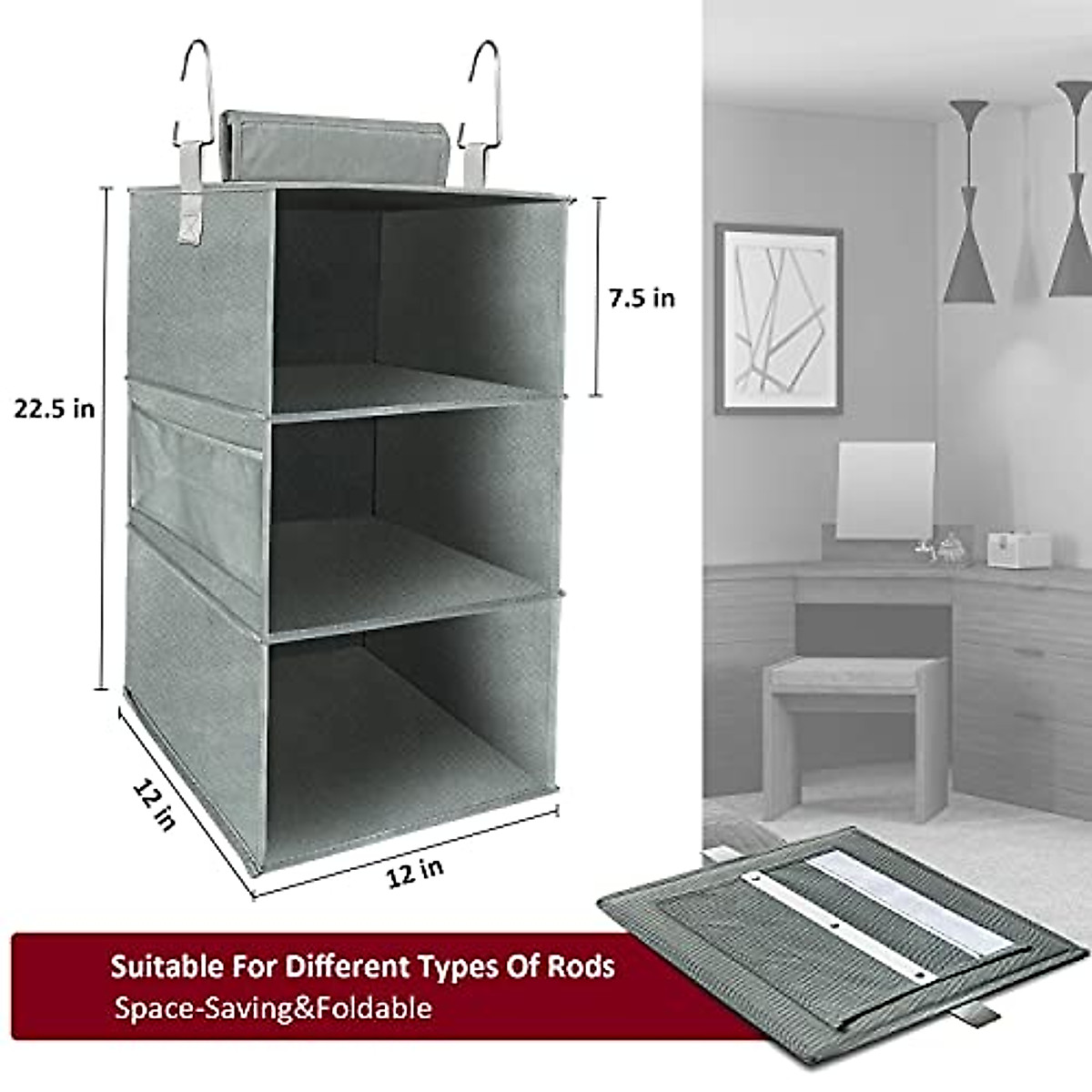 Vaisoz 3-Shelf Hanging Closet Organizers and Storage, Hanging Shelves for Closet Storage 2 Packs, Foldable Hanging Closet Shelves Clothes Organizer Grey