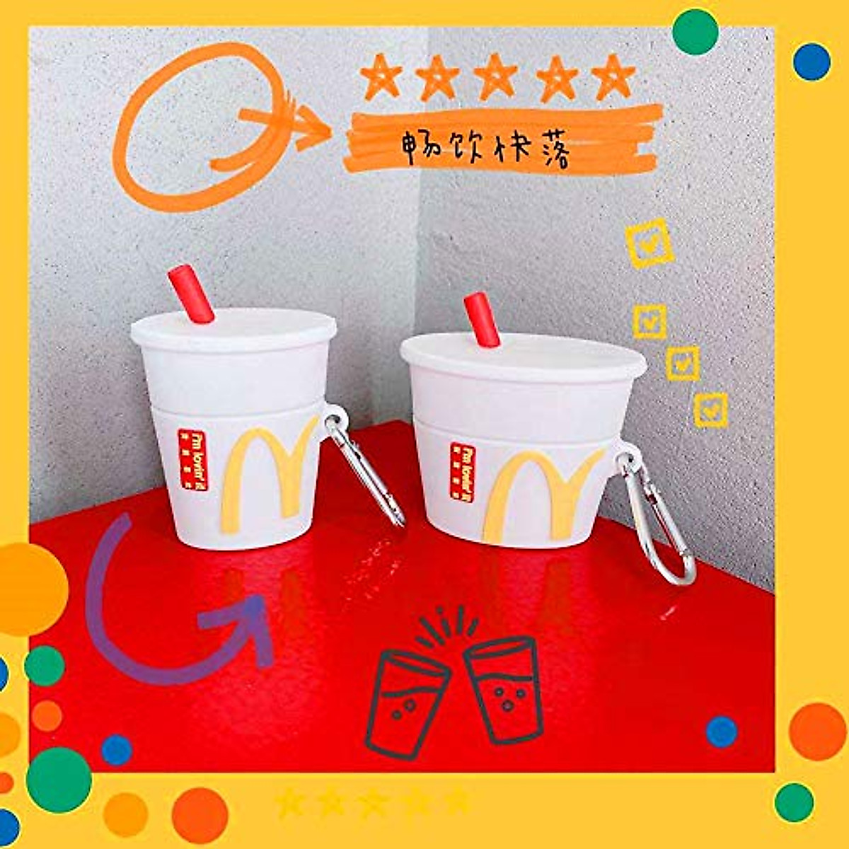 Compatible with Airpods 1 & 2, Funny 3D Cartoon Silicone Design, Soft Leather Carabiner Protective Cover, Suitable for Fashionable Girls Children Teen Boys Airpods case (I'm Lovin' it Cup)