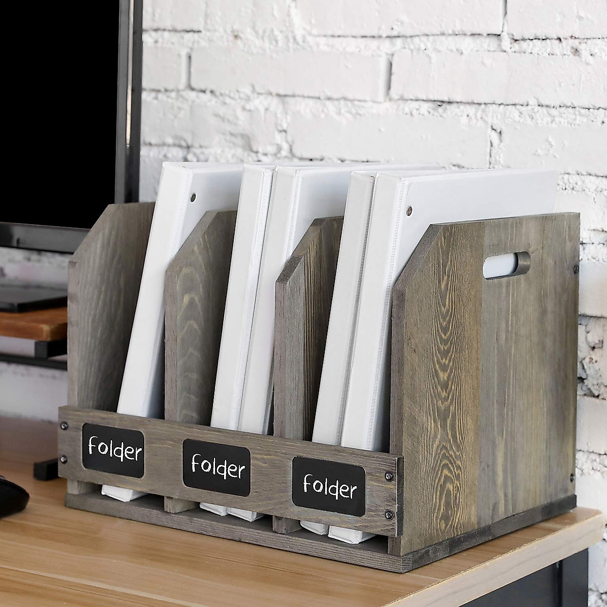 MyGift Vintage Gray Solid Wood Office Desktop Document Organizer, Desk File Folder and Binder Rack with 3-Compartments and Chalkboard Labels