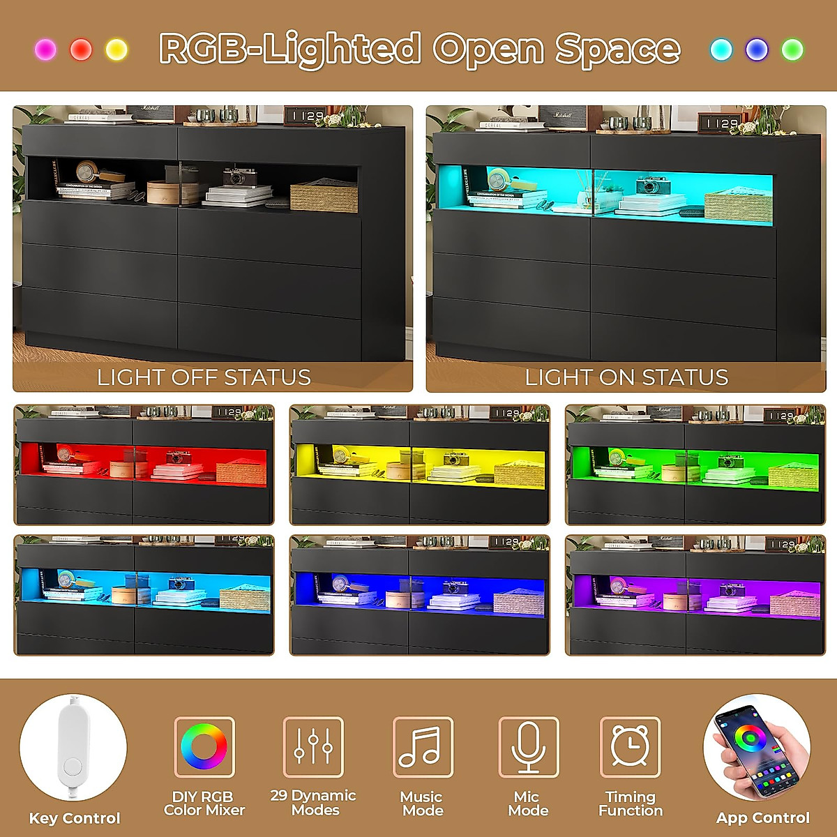 BTHFST 8 Drawer Dresser for Bedroom with RGB Lights & Power Outlet, 47" W Double Dresser with Open Shelves, Modern No Handle Chest of Drawers for Closet, Black