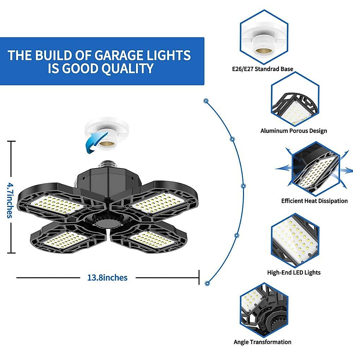 Lazzgan LED Garage Light, 120W LED Garage Ceiling Lights with 4 Deformable Panels, Extra Bright 12000LM E26 High Bay LED Shop Lighting Fixtures for Garage, Basement