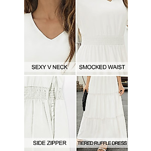 Zattcas Womens 2025 Long Summer Dress Casual Short Flutter Sleeve V Neck Smocked Waist Tiered Flowy Modest Solid Boho Maxi Dress White M
