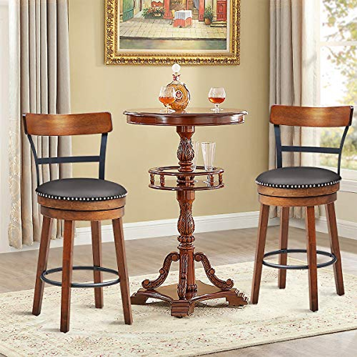 COSTWAY Bar Stools Set of 2, 360-Degree Swivel Stools with Leather Padded Seat, Single Slat Ladder Back & Solid Rubber Wood Legs, Counter Height Stools for Pub, Restaurant, Kitchen, Brown (2, 25.5)