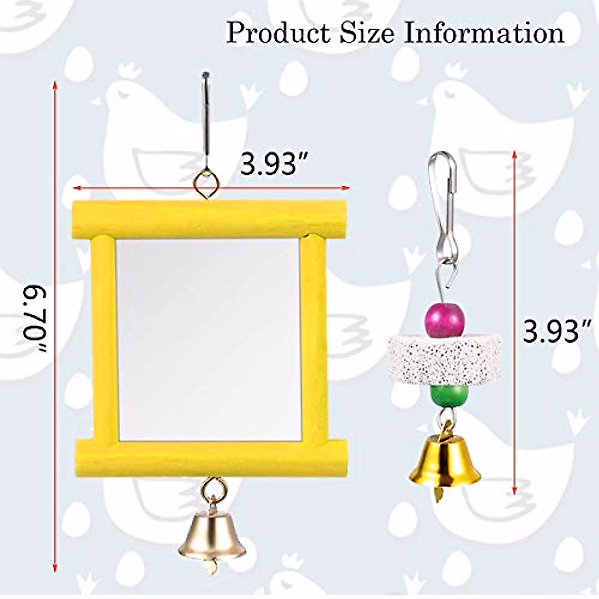 Vehomy 2Pcs Chicken Mirror Toys for Hens Hanging Swing Mirror Toys with Bells and Beak Grinding Molar Stones for Roosters Hens Birds Parrots (Yellow and Red)