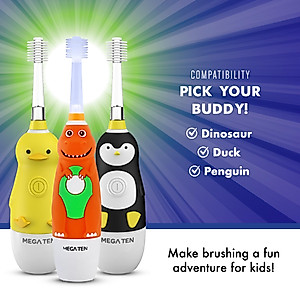 Brilliant Oral Care Kids Sonic Electric Toothbrush with Soft Bristles, Round Brush Head, LED Light, and Timer, for Children Ages 5+, Dinosaur