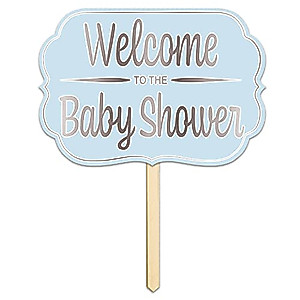 Beistle Welcome To The Baby Shower Yard Sign 2 Piece It's A Boy Party Decorations, 24" x 15", Light Blue/Silver