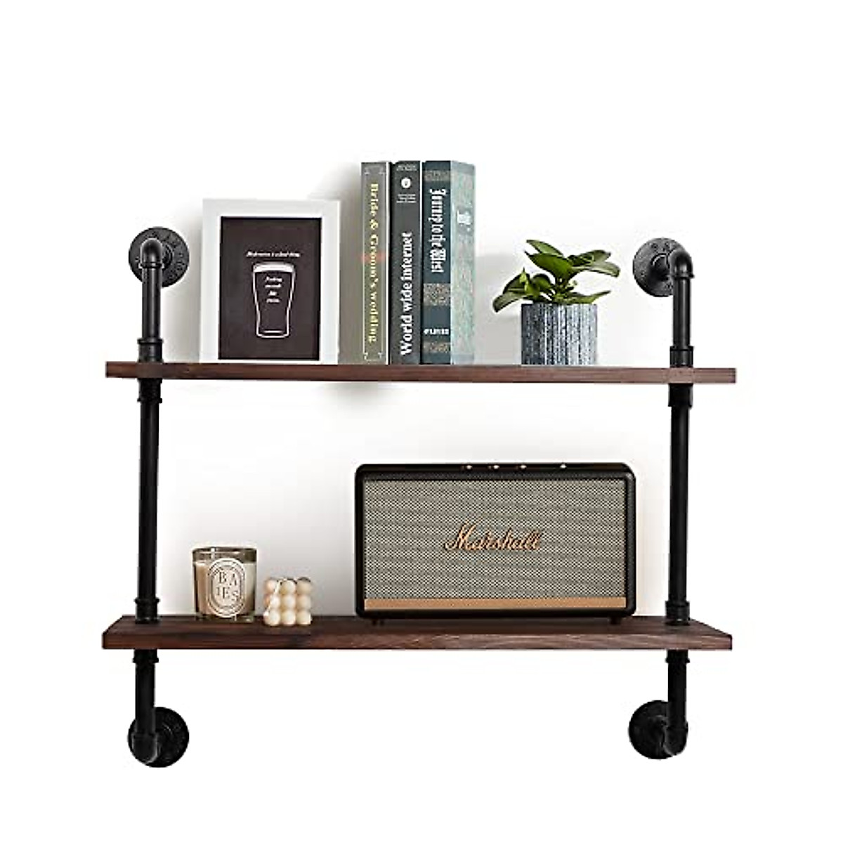 JAXPETY Industrial Floating Shelf 2-Tier Wall Mounted Pipe Shelves Rustic Wood Shelf Metal Bracket Storage Space Display Bookshelf for Bedroom, Living Room, Office