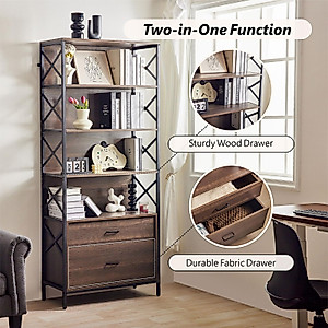 Redlife Bookshelf with Drawers, 4-Tier Industrial Bookcase, 74" Tall Bookcase, Rustic Bookshelves with Drawers, Wooden Farmhouse Bookshelf with Storage for Bedroom, Living Room