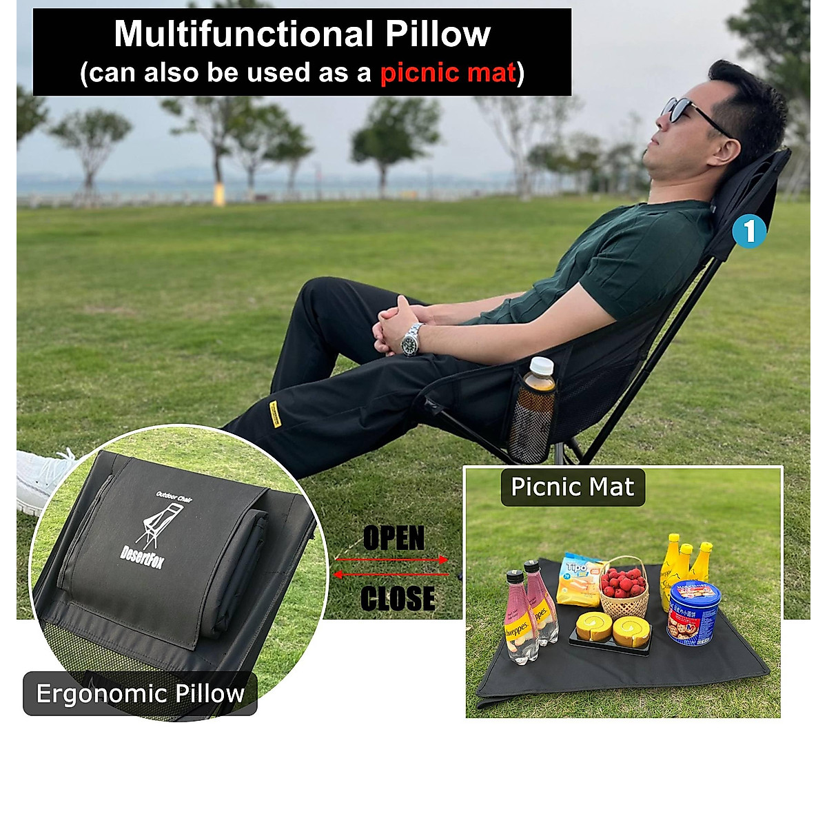 AnYoker Camping Chair, Compact Backpacking Chair, Portable Folding Chair, Beach Chair with Side Pocket and headrest, Lightweight Hiking ChairZZQH (Black)