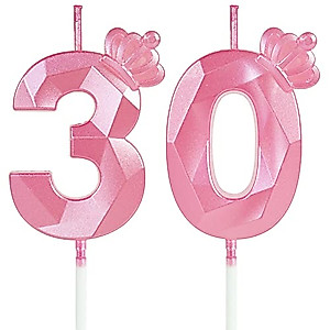 Number 30 Candles with Crown, 30th Birthday Candles, Pink Birthday Candles for Cake, 3D Design Cake Topper for Birthday Party Wedding Anniversary Celebration Decorations Supplies